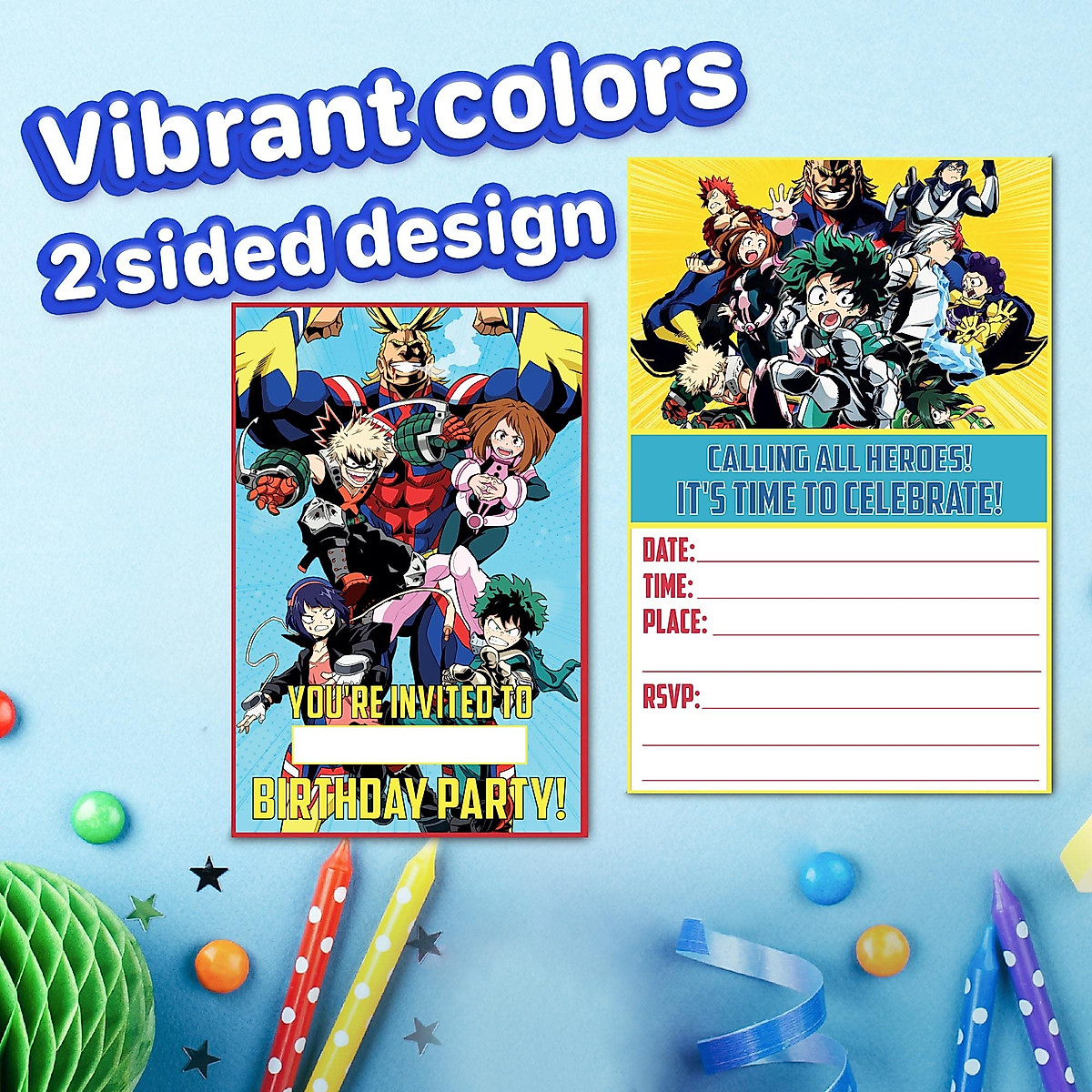 20x My Hero Academy Birthday Invitations and Envelopes – Fill-in Happy Birthday Party Invitations for Kids, 6X4 Inches, Postcard Style
