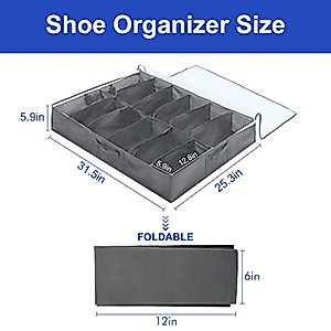 Surblue Under Bed Shoe Storage Organizer Underbed Shoes Closet Storage Solution 2 Metal zippers and 3 Handles with Clear Cover for Men's and Women's Shoes Fits 24 Pairs of Shoes， Set of 2, Grey