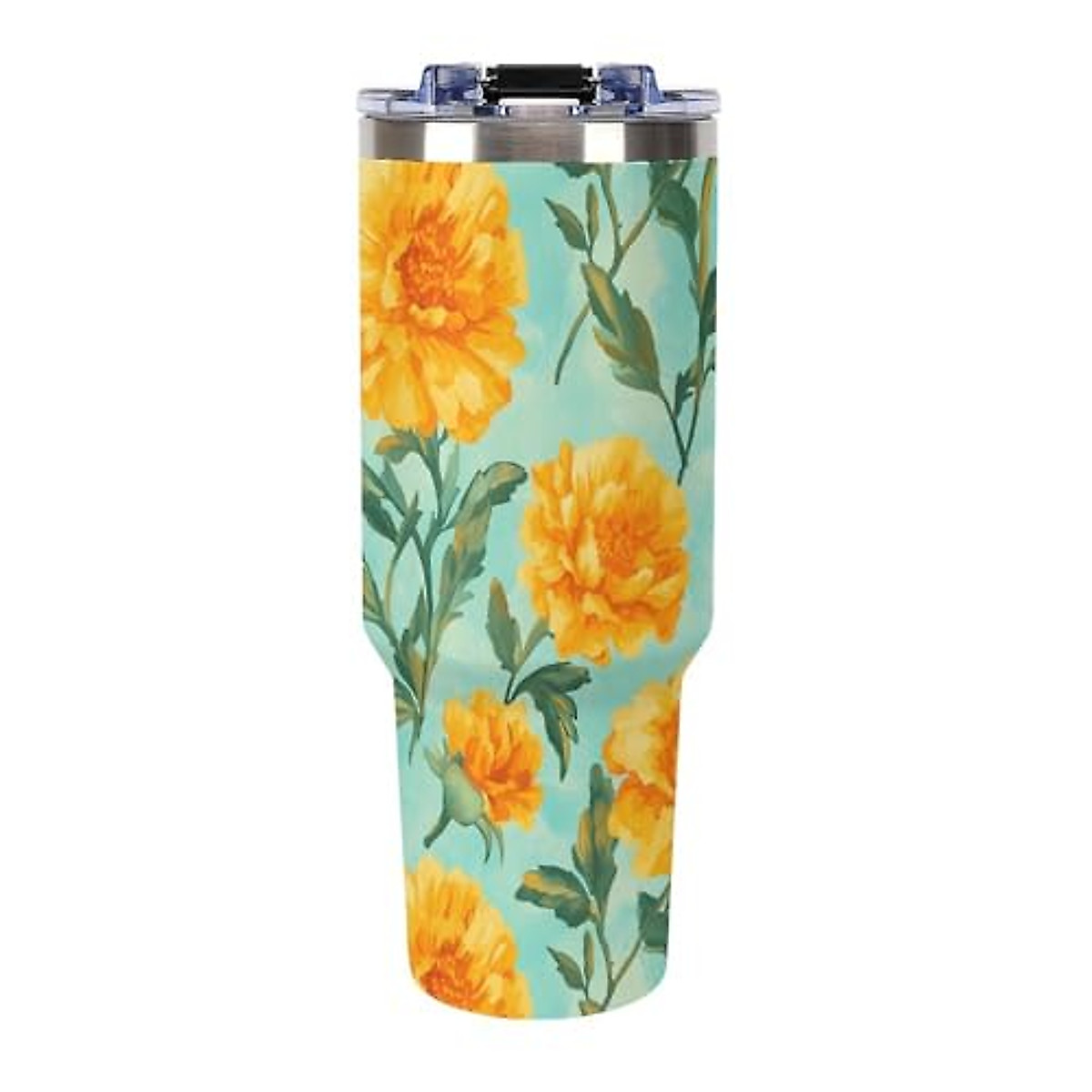 Yellow Flowers Marigolds Insulated Tumblers with Handle Stainless Steel Coffee Mug Funny Travel Cup with Lid Straw 40oz