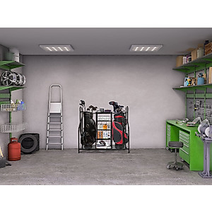 Morvat Golf Organizer Extra Large Double Metal Black Stand Perfect Way to Store & Organize Your Golfing Bags, Clubs, Balls, Gadgets, Accessories & Equipment in Shed, Basement, and Garage