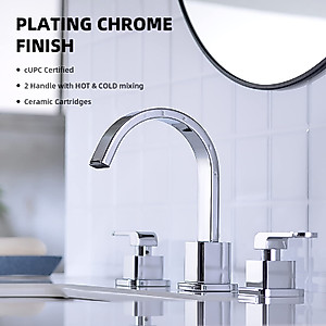 DIKUROOMS 2-Handle 8 inch Widespread Brass Bathroom Vanity Sink Faucet with cUPC Water Supply Lines,Swivel Waterfall Spout, Basin Sink Mixer Tap with Overflow Pop Up Drain Included,Chrome