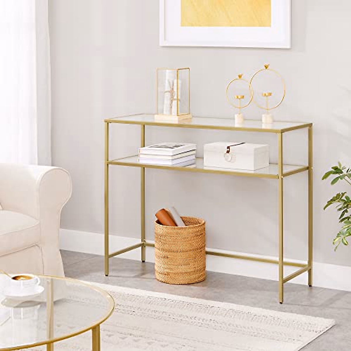 VASAGLE 39.4 Inch Console Sofa Table, Modern Entryway Table, Tempered Glass Table, Metal Frame, 2 Shelves, Adjustable Feet, for Living Room, Hallway, Gold Color ULGT025A01