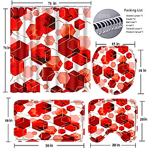 YOKYHOM Bathroom Sets, 4 Piece Geometric Red Bathroom Shower Curtain Sets with Rugs, Incl 71'' x 71'' Polyester Waterproof Shower Curtain with 12 Hooks, Non Slip Bath Mats and Toilet Lid Oval Rug