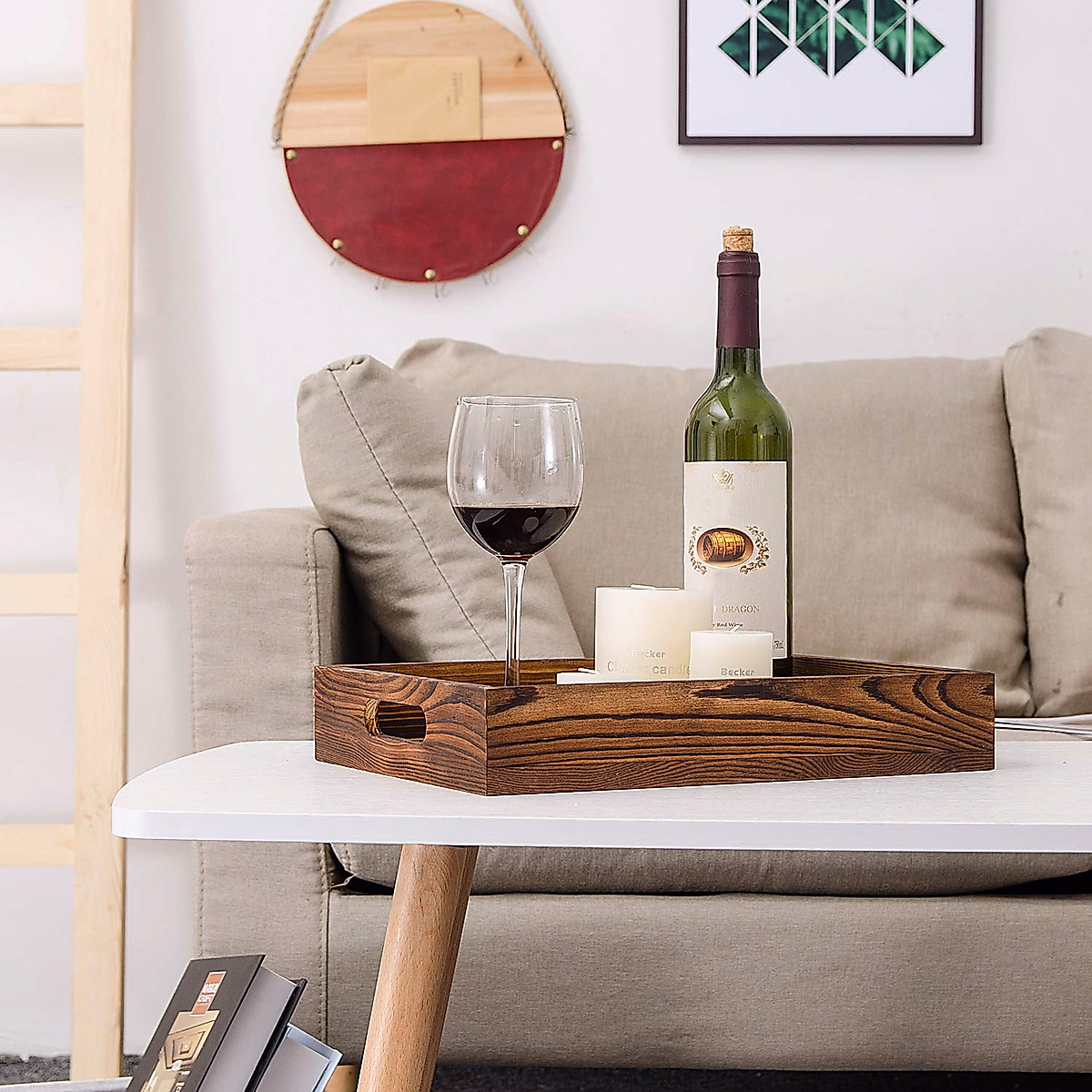 Liry Products Rustic Brown Wood Food Serving Tray Cutout Handles Breakfast in Bed Coffee Wine Rectangular Ottoman Nesting Crate Tabletop Storage Box Desktop Document Holder Party Office Home Kitchen