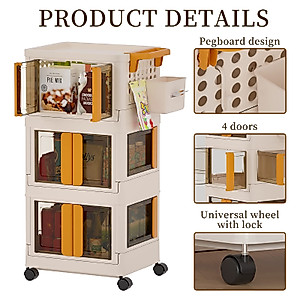 3 Tier Rolling Cart, Utility Cart with Wheels, Plastic Cart with Handle, Tool Cart with Storage Bins, 4 Directions Opening Grocery Cart, Storage Cart with 4 Hook, Heavy-Duty Storage Trolley…