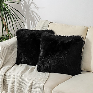 linmopm Excluding Insert Faux Fur Sheepskin Pillow Cover White Shag Fuzzy 18x18 Inch Black 2 Pcs Super Soft Fluffy Cushion Plush Pillow Case Luxury Living Room Sofa Bed Home Decor Chair Cushion