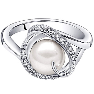 PEORA Freshwater Cultured White Pearl Swirl Ring in Sterling Silver, 8.5mm Round Button Shape, Comfort Fit, Size 7