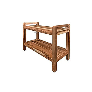 EcoDecors Teak Shower Bench 29" Wood Shower Seat Stool with Storage Shelf and LiftAide Arms, Eleganto Shower Bench for Indoors and Outdoors