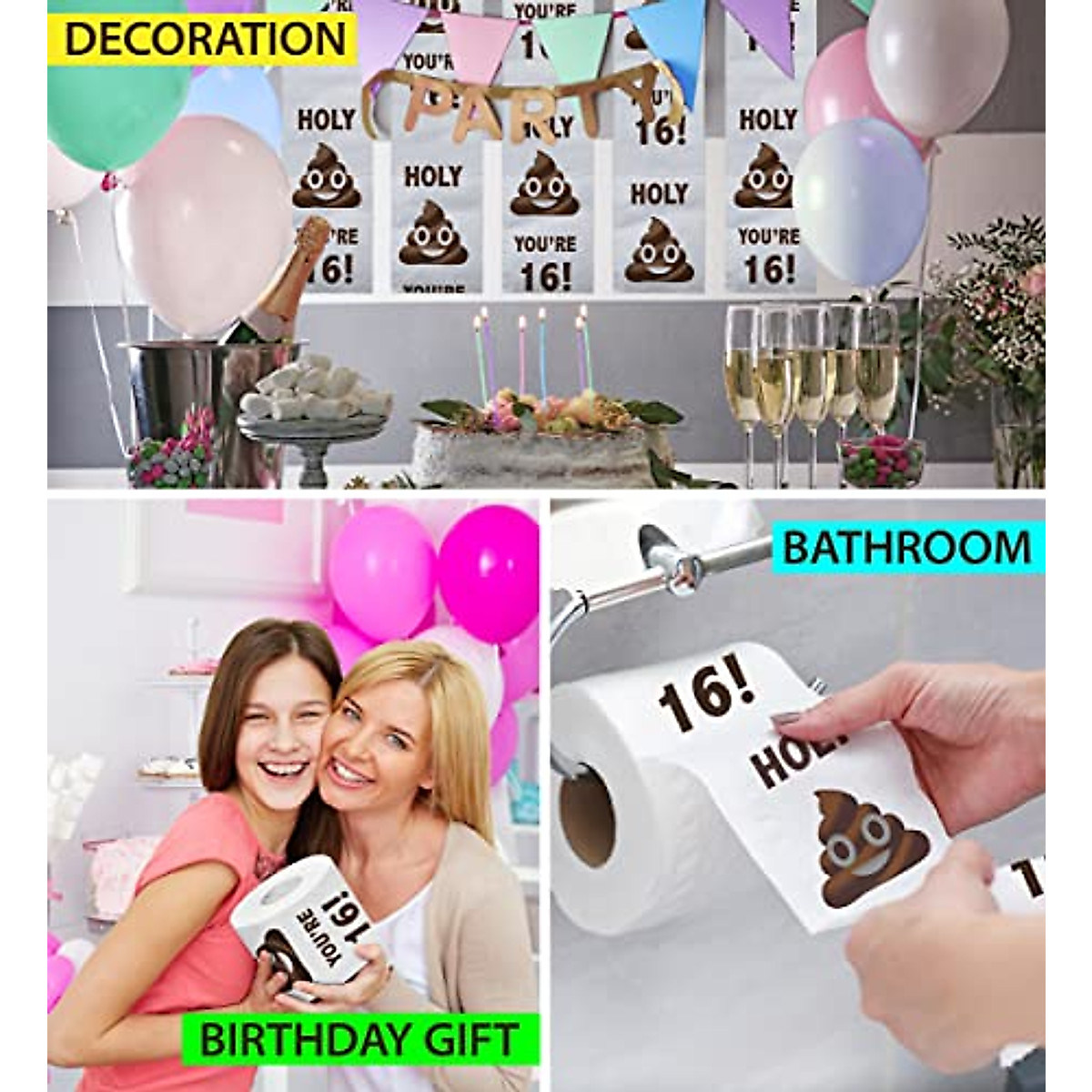 Printed TP Holy Poop You're 16 Printed Toilet Paper Gag Gift – Funny Toilet Paper For Prank, Surprise, Bathroom Decor, Novelty Gift For Men, Women, Friends, Family, 16th Birthday Party - 500 Sheets