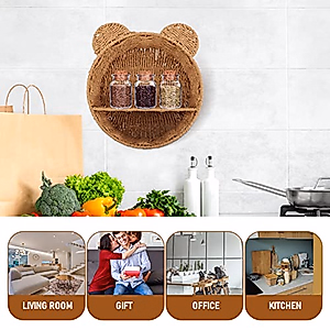 Beavorty Floating Shelves Rattan Woven Wall Shelf Hanging Storage Basket Cute Cat Shape Wall Mounted Shelves Decorative Storage Rack for Photo Frames Small Plants Home Decor