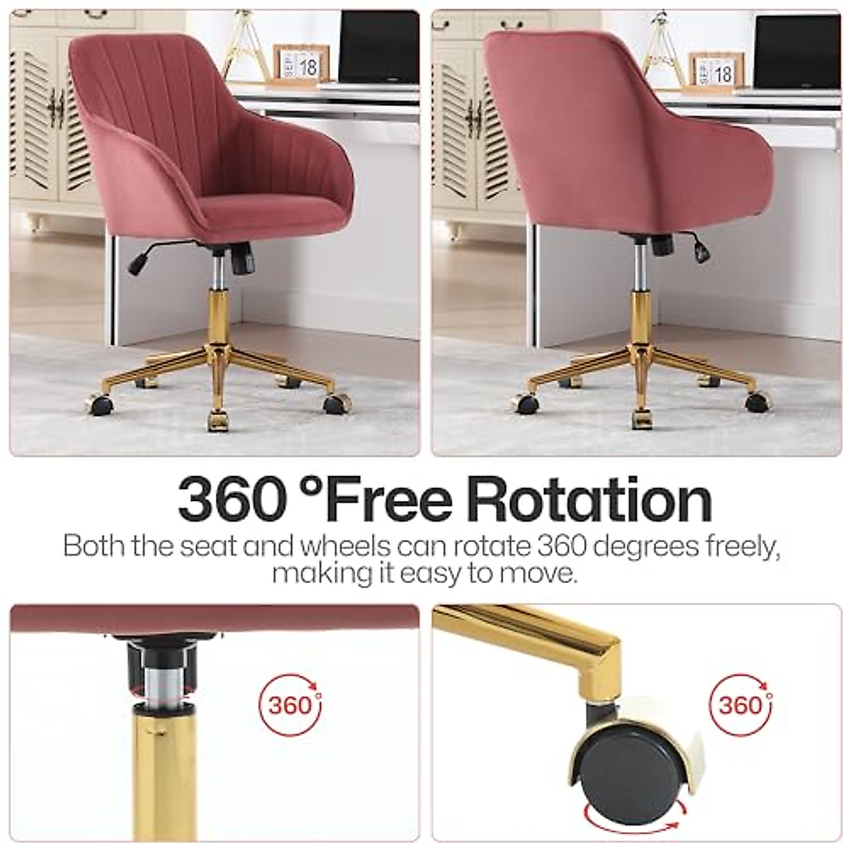 KCC Velvet Home Office Desk Chair with Gold Base, Modern Height Adjustable 360° Swivel Upholstered Vanity Chairs with Arms for Living Room Bedroom, Rose