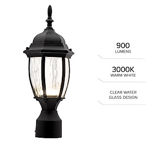 Maxxima LED Outdoor Post Light Pole Lantern with Clear Water Glass, Exterior Waterproof Post Mount Light, 900 Lumens, Driveway Post Light, 3000K Warm White