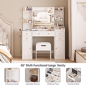 Vabches Vanity Desk with Lights, Makeup Vanity Table with Charging Station, 44.9in Big Vanity Set with 5 Drawers & Lots Storage Space, White