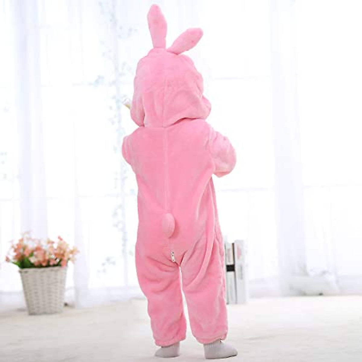 seemehappy Cute Bunny Panda Fleece Baby Bodysuit – Infant Warm One Piece Kids Hooded Romper Outerwear Toddler Jacket-Bunny,6-12 Months