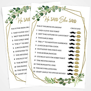 Printed Party Bridal Shower Games – He Said She Said Game with Fun Bride and Groom Trivia, Wedding Shower Activity, Botanical Greenery Theme, 50 Guests