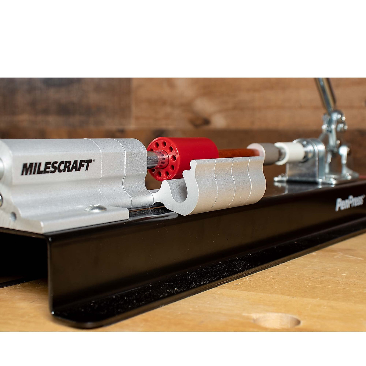 Milescraft 4701 Pen Press – Join Turned Pens & Projects – Advanced, Spring-Loaded Design Holds Workpiece in Place & Adjusts Size Quickly Using Six Quick-Flip Stop Settings. Includes Two Receiving Tips