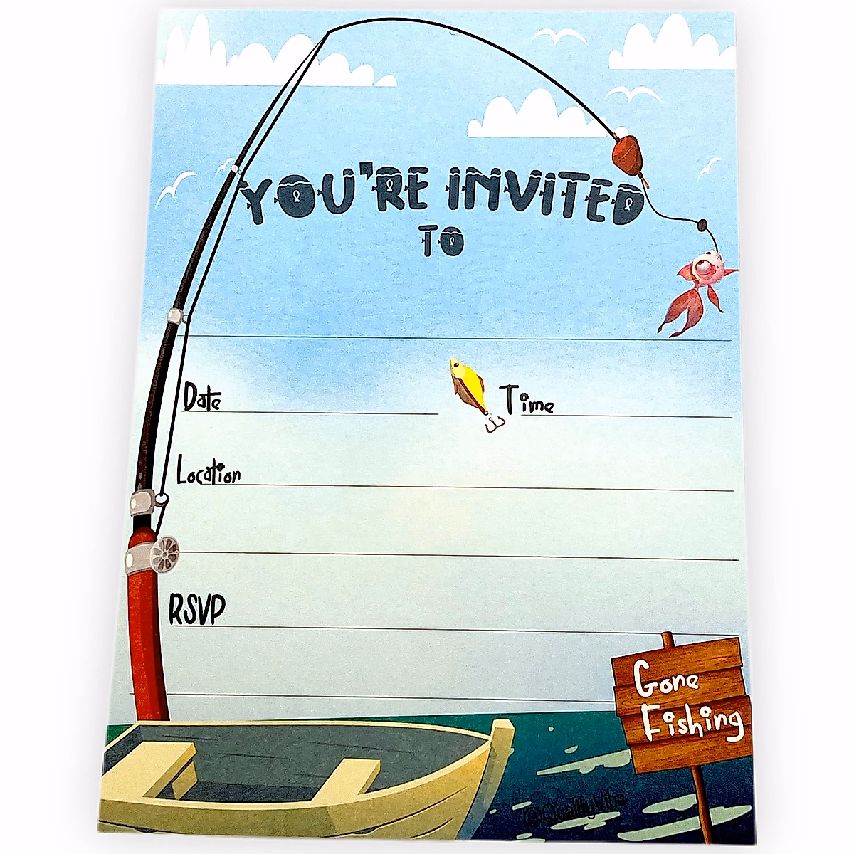 25 Gone Finishing Invitations With Envelopes, Fill In Style You're Invited Birthday Fishing Party For Adult & Kids. Boat & Fishing Rod Design With Sea & Gone Fishing Sign. Thick & Non Coated Cardstock