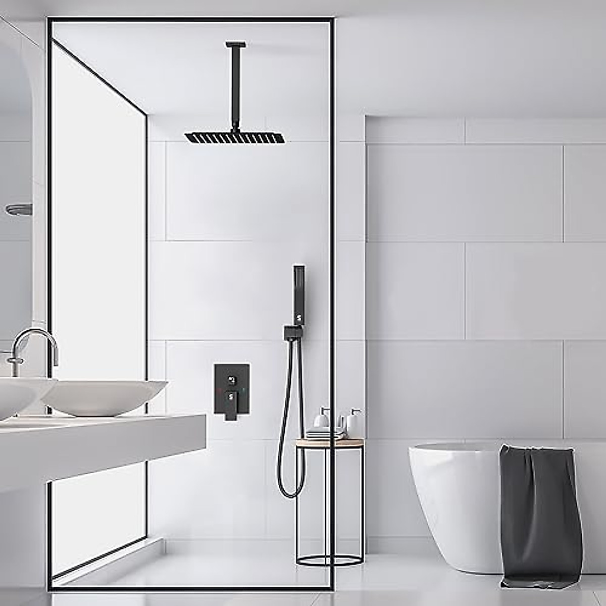 SR SUN RISE 12 Inch Ceiling Mount Matte Black Shower System Bathroom Luxury Rain Mixer Shower Combo Set Ceiling Rainfall Shower Head System Faucet Trim Repair Kits Rough-in Valve and Trim Included