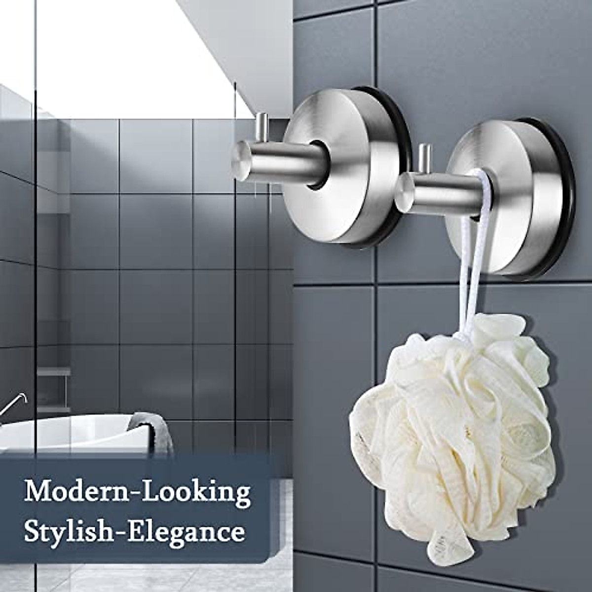 Suction Cup Shower Hooks, Towel Hooks for Glass Doors or Tiles, Stainless Steel No-Drill Reusable Hooks (2 Pcs, Silvery)