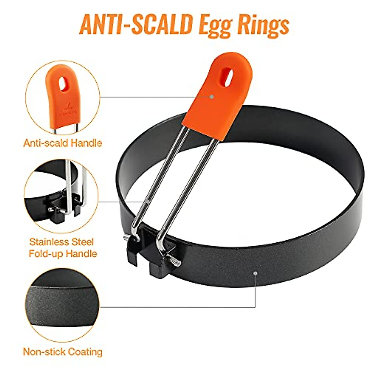meidong Egg Ring 3 Packs in 3 Sizes Anti-Scald Egg Rings for Frying Leak-Proof with an Oil Brush Fold-up Stainless Handle Nonstick Egg Rings Mold (3 + 3.6 + 4.2 inch)