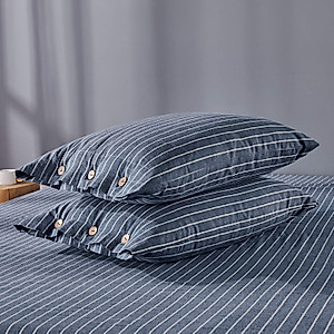 JELLYMONI Pinstriped 100% Washed Cotton Linen Like Duvet Cover Set, 3 Pieces Luxury Soft Bedding Set with Buttons Closure, Blue Stripes Pattern Printed Duvet Cover King Size(No Comforter)
