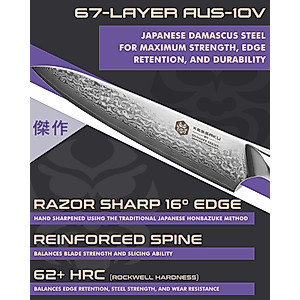 KESSAKU Chef Knife - 8 inch - Damascus Dynasty Series - Razor Sharp Kitchen Knife - Forged 67-Layer Japanese AUS-10V High Carbon Stainless Steel - G10 Garolite Handle with Blade Guard