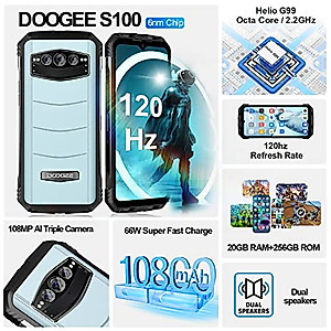 DOOGEE S100 Rugged Smartphone(2023), 20GB+256GB Dual 4G Gaming Rugged Phones Unlocked, 120Hz 6.58" Rugged Cell Phone, 66W Fast Charge, Dual Speakers, Android 12, 108MP Camera, Night Vision, NFC, OTG