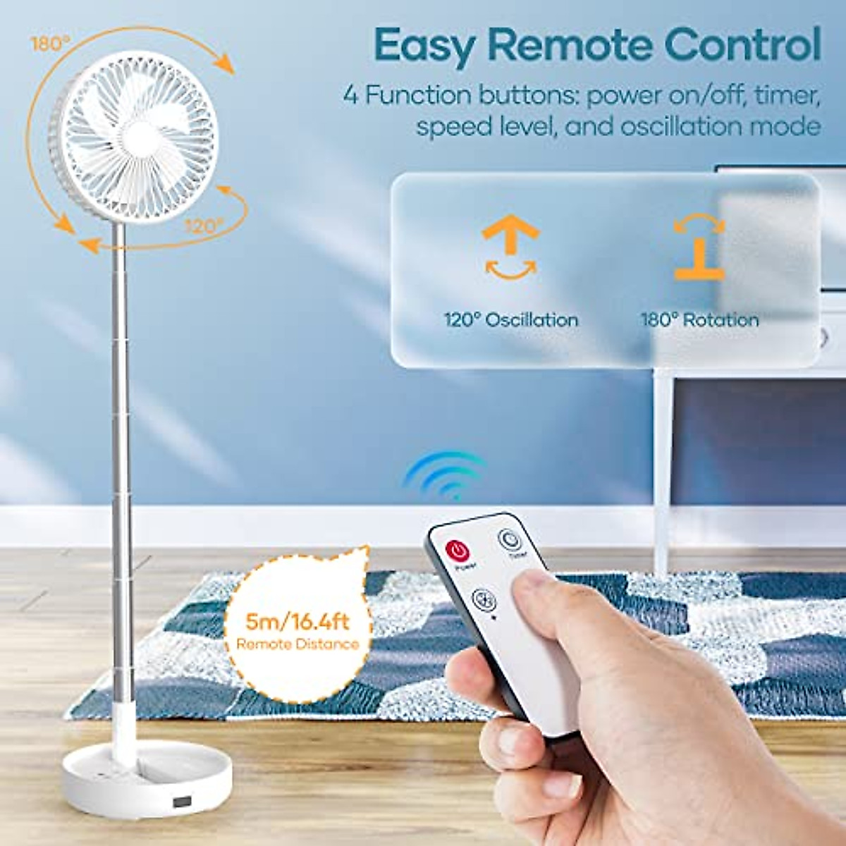 Assark 9'' Portable oscillating Standing Fan for Travel with Remote Control, 10000mAh Rechargeable Foldable USB Desktop Fan,4 Wind Speeds, Folded Floor Pedestal Fan For Room, Office, Travel