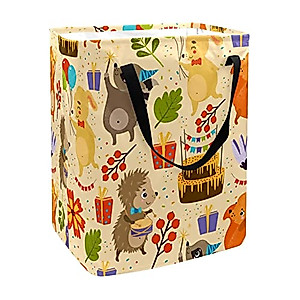 Birthday Cake Gifts and Animals Print Collapsible Laundry Hamper, 60L Waterproof Laundry Baskets Washing Bin Clothes Toys Storage for Dorm Bathroom Bedroom