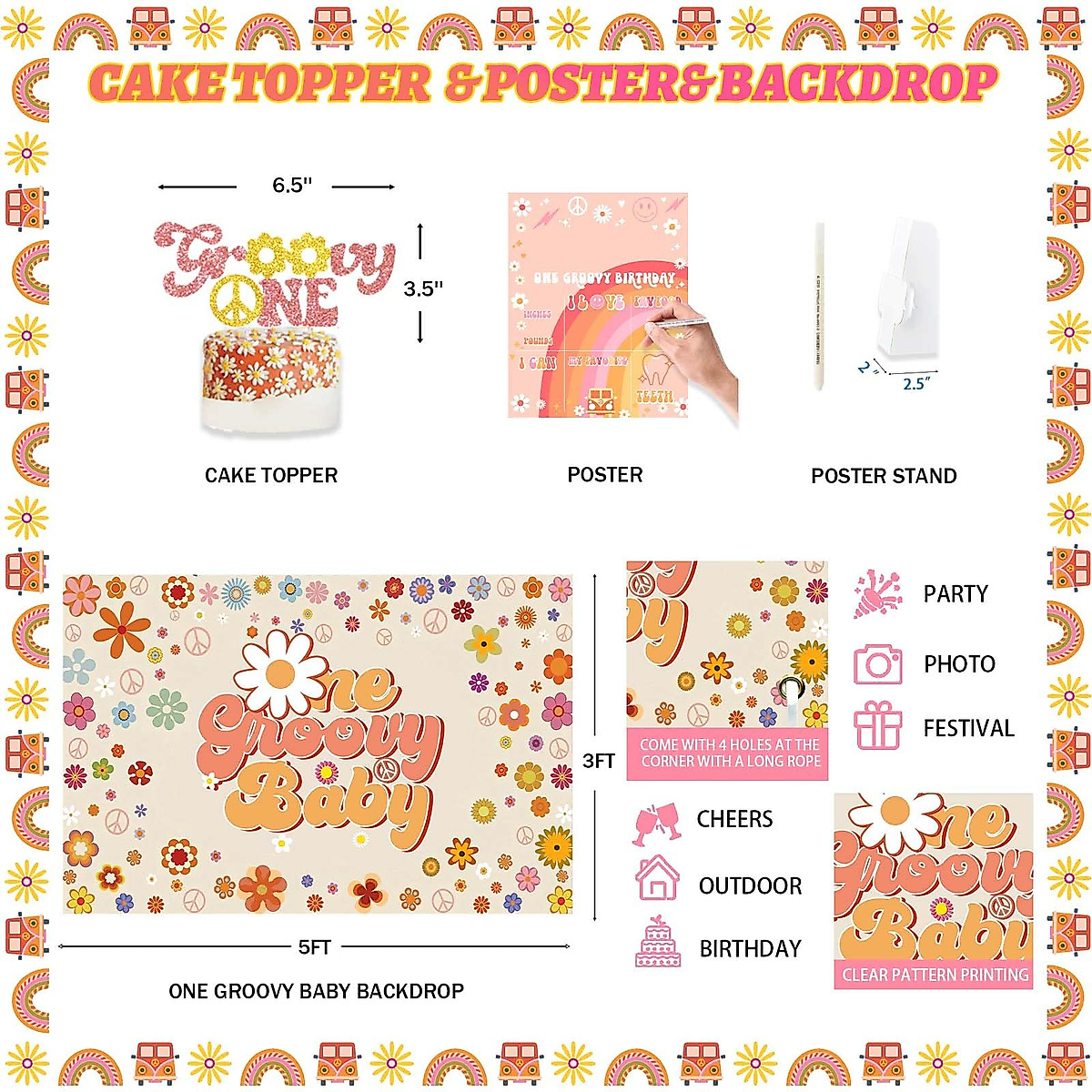 125 PCs Groovy One Party Decorations, Fiesec One Groovy Baby Birthday Decorations Girl Boho Daisy Hippie First Party Backdrop Balloon Garland Monthly Photo Highchair Banner Cake Topper Crown Poster