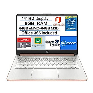 hp Newest Stream 14" HD SVA Laptop Computer, Intel Celeron N4000 Processor, 8GB RAM, 128GB Space(64GB eMMC+64GB MSD), Office 365, HDMI, USB-C, Windows 10, Rose Gold, AllyFlex MP, Online Class