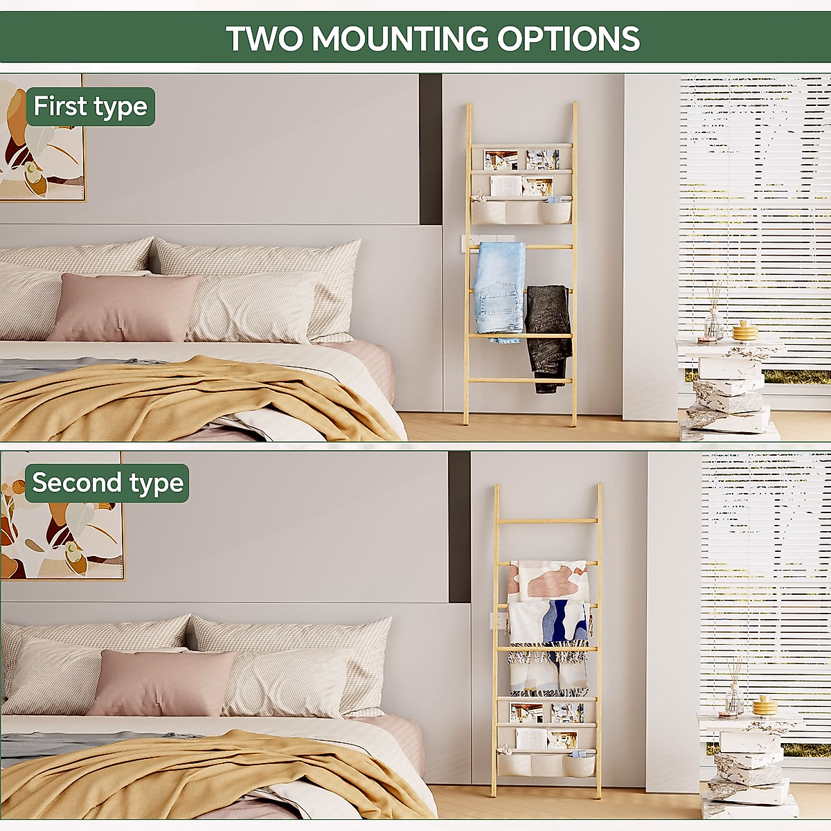 Delywh Wooden Blanket Ladder, Wood Towel Throw Blanket Ladders for The Living Room, Bedroom, Nursery, Farmhouse Decorative Ladders for Home Decor Blankets Holder Rack Display, Nature Wood