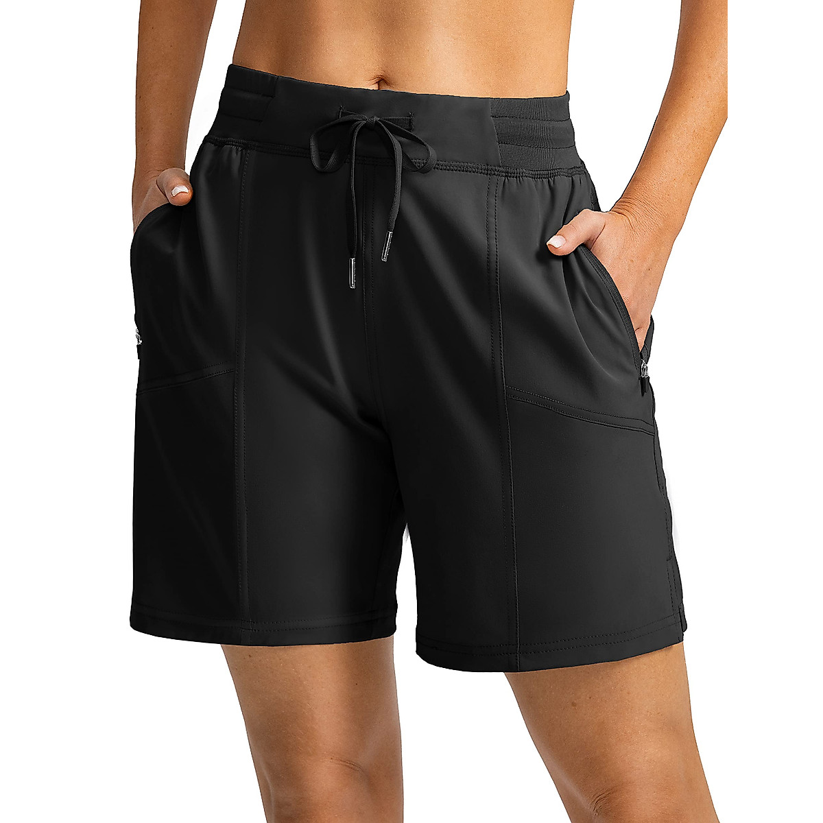 Soothfeel Women's Hiking Cargo Shorts with 4 Pockets 7 Inch Long Quick Dry Athletic Golf Shorts for Women Casual Summer (Black, XL)