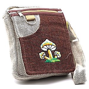 Himalaya Handmade Unique design Mushroom Embroidery Hemp Hobo Passport crossbody bag Festival Travel Bag 100% Himalaya Hemp FAIR TRADE Brown