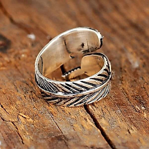 Boho Feather Turquoise Adjustable Ring,Silver Wide Nature Leaf Ring,Thumb Ring for Women Men