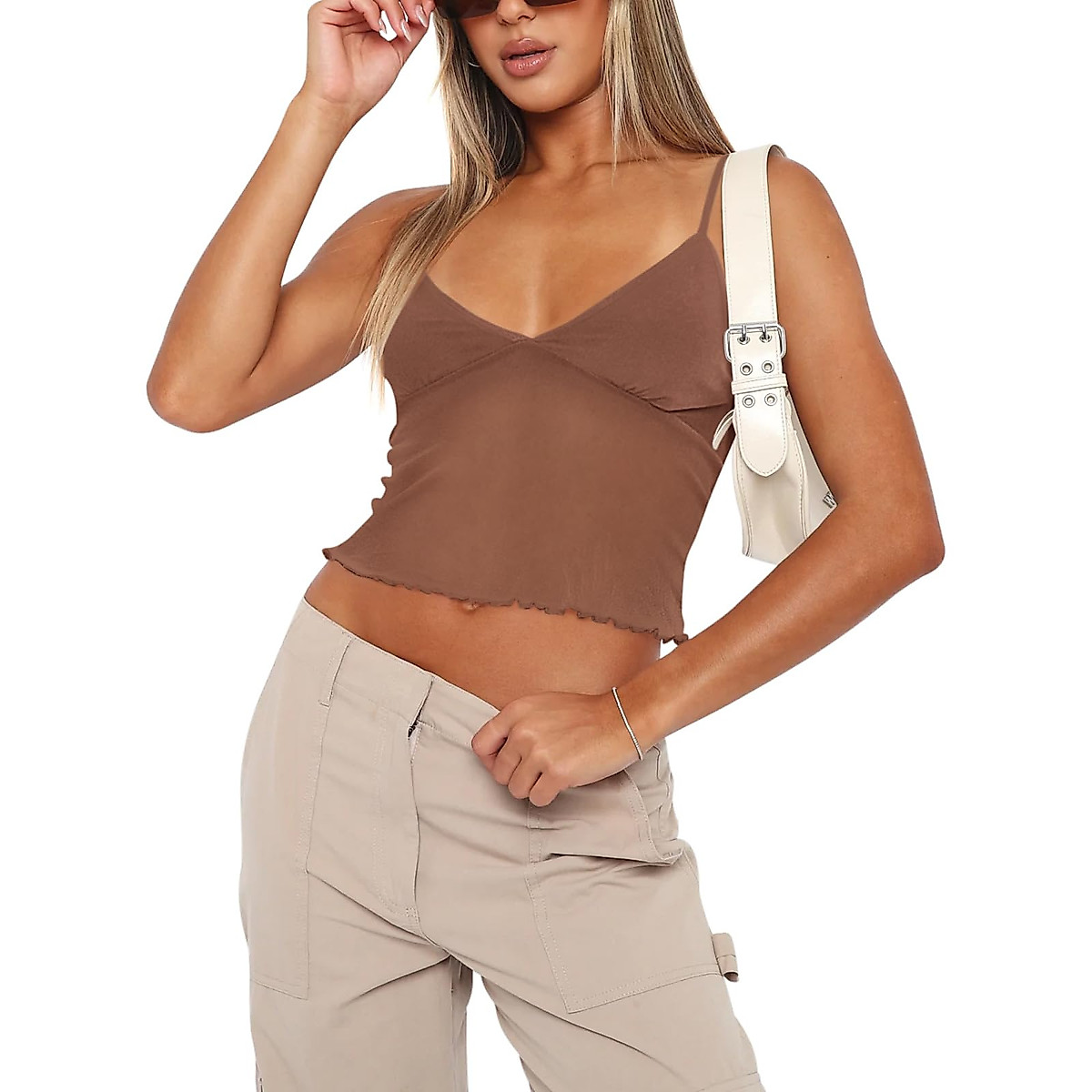 REORIA Women's Summer Sexy V Neck Sleeveless Adjustable Spaghetti Strap Sheer Mesh See Through Going Out Trendy Cami Camisole Y2k Crop Tops Coffee Small