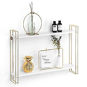 J JACKCUBE DESIGN White and Gold Floating Shelf, 2 Tier Wall Mount Shelves for Modern Wall Décor, Display and Storage for Living Room Bedroom, Bathroom, Kitchen -MK534A