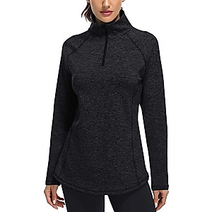 Miusey Long Sleeve Workout Tops for Women to Wear with Leggings,Ladies Hiking T-Shirt with Zipper Classy Plain Quick Drying Polo Pullover Stretch Athletic Pilates Cycling Tee Black2 M