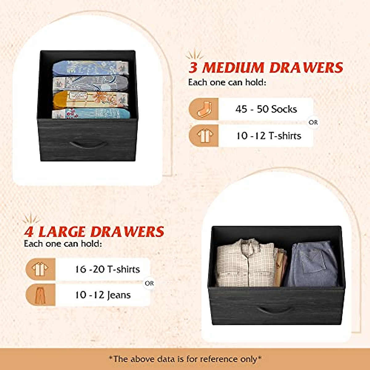 WLIVE Dresser TV Stand, Entertainment Center with Fabric Drawers, Media Console Table with Metal Frame and Wood Top for TV up to 45 inch, Chest of Drawers for Bedroom, Charcoal Black Wood Grain Print