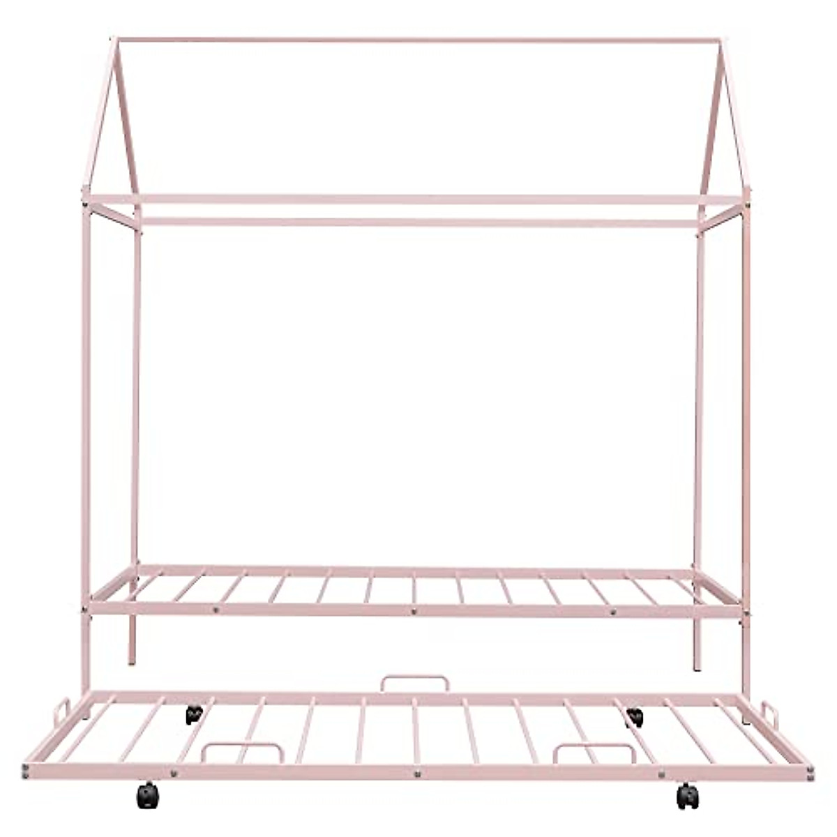 Merax Cute Montessori Bed with Trundle Twin, Metal Low House Daybed for Kids No Box Spring Needed/Space Spaving Pink