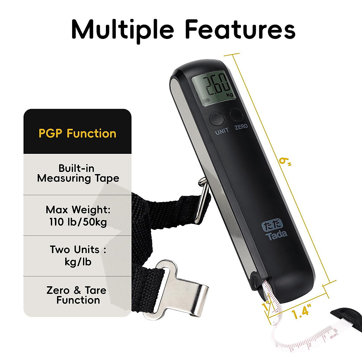 TADA 110 lbs Travel Luggage Scale Battery-Free Portable Digital Hanging Hand Baggage Scale for Travel Suitcase Weight Scale with Built-in Measuring Tape