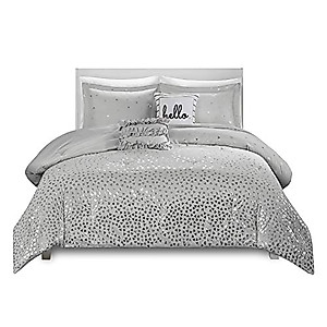 Intelligent Design Zoey Triangle Metallic Print, Cozy Comforter Set All Season Bedding Set, Matching Sham, Decorative Pillow, King/Cal King, Grey/Silver 5 Piece