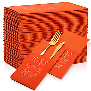 Tenceur 50 Pcs Thanksgiving Fall Guest Napkins Disposable Burnt Orange Paper Napkins Thankful Grateful Blessed Napkins with Flatware Pocket Prefolded Dinner Napkins for Silverware Fall Party