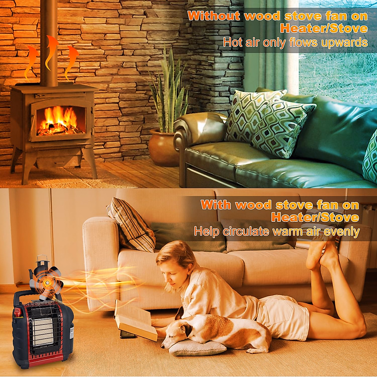 VODA 5 Blades for Buddy Heater Wood Stove Fan Heat Powered Stove Fan with Metal Clip for Stove/Pellet/Wood Burner/Fireplace