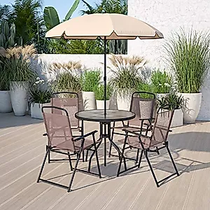 Flash Furniture Nantucket 6-Piece Patio Dining Set with Glass Table, 4 Folding Chairs, and Umbrella, Outdoor Patio Table, Chairs, and Umbrella Set, Black