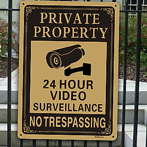 Amexiu Private Property No Trespassing 24 Hours CCTV Camera Video Surveillance Warning Sign | 10" x 7" Rust Free Aluminum Easy Mounting Fade Resistance, 2 Pack