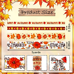 4 Rolls Fall Ribbons 3/8" Grosgrain Satin Pumpkin Maple Leaves Ribbons Orange Ribbons Autumn Give Thanks Words Thanksgiving Ribbon for Gift Wrapping Bows Fall Crafts Supplies 0.4/0.8inch, 20Yards