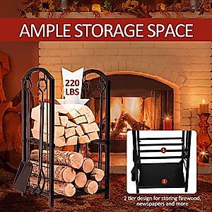 Carivia Firewood Rack Indoor Fireplace Tool Set Log Holder Log Rack with 4 Tools Fireplace Tools Wood Rack Wood Log Storage Stacker Stand for Outdoor Patio Fireplace Stove