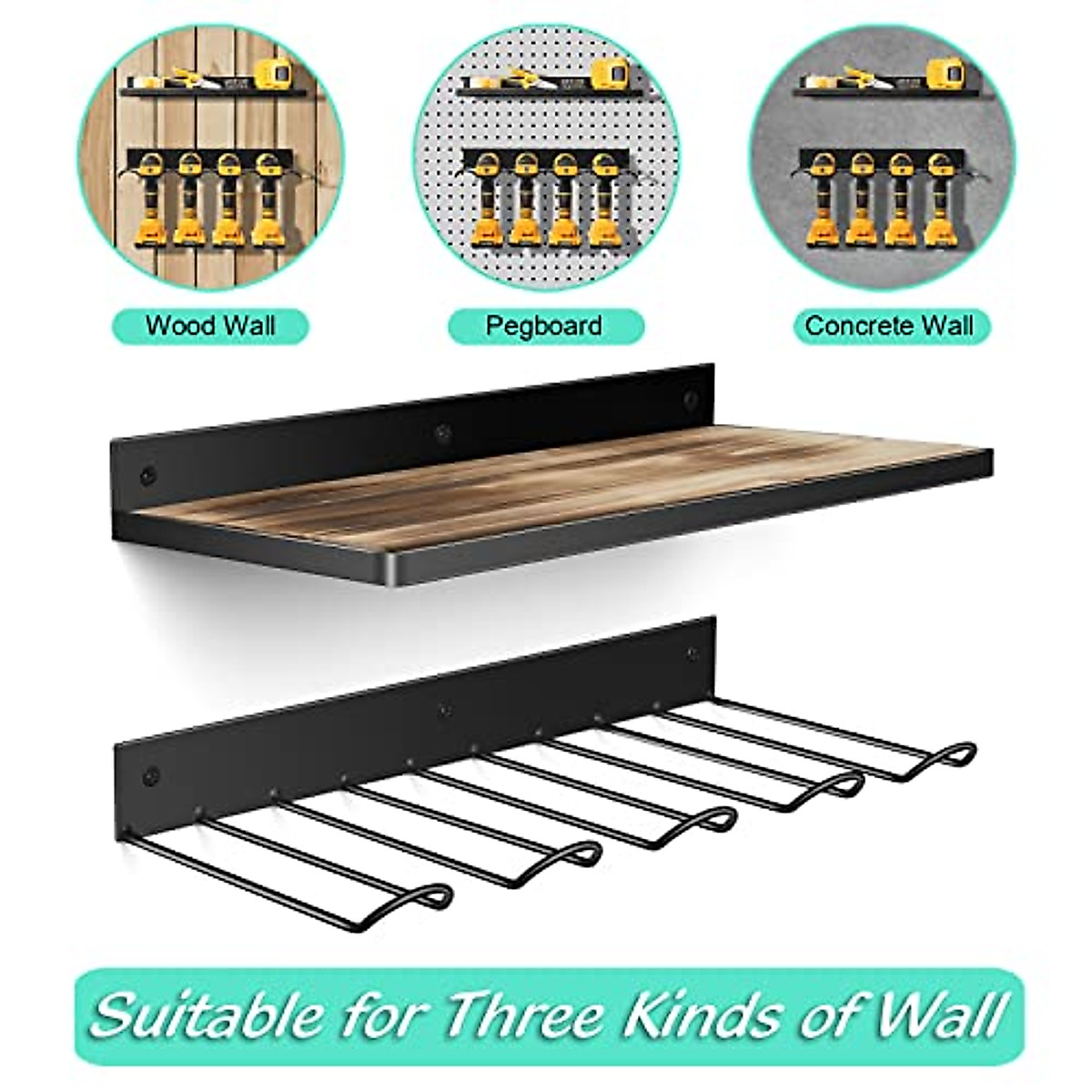 Bivvclaz Power Tool Organizer Drill Holder Wall Mount - Heavy Duty Rustic Solid Wood Floating Shelf - Cordless Tool Rack with Charging Station for Garage Organization & Storage - Gift for Father's Day