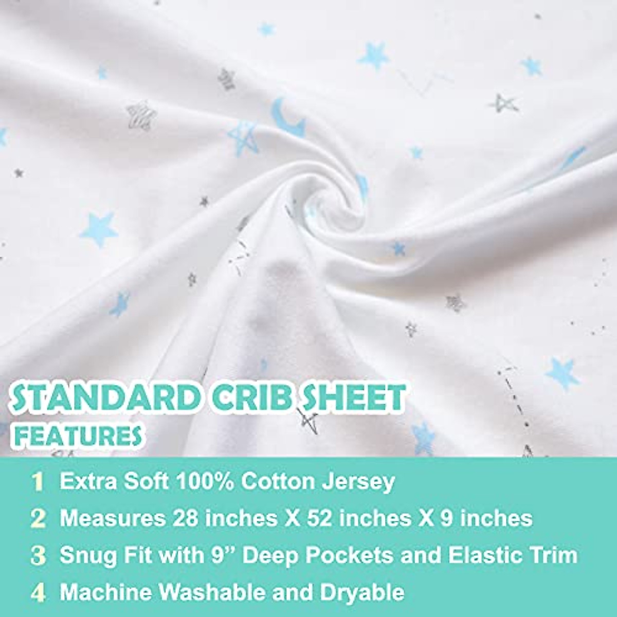 TL Care 2 Pack Printed 100% Cotton Jersey Knit Fitted Crib Sheet for Standard Crib and Toddler Mattresses, Blue Stars/Zigzag, for Boys and Girls